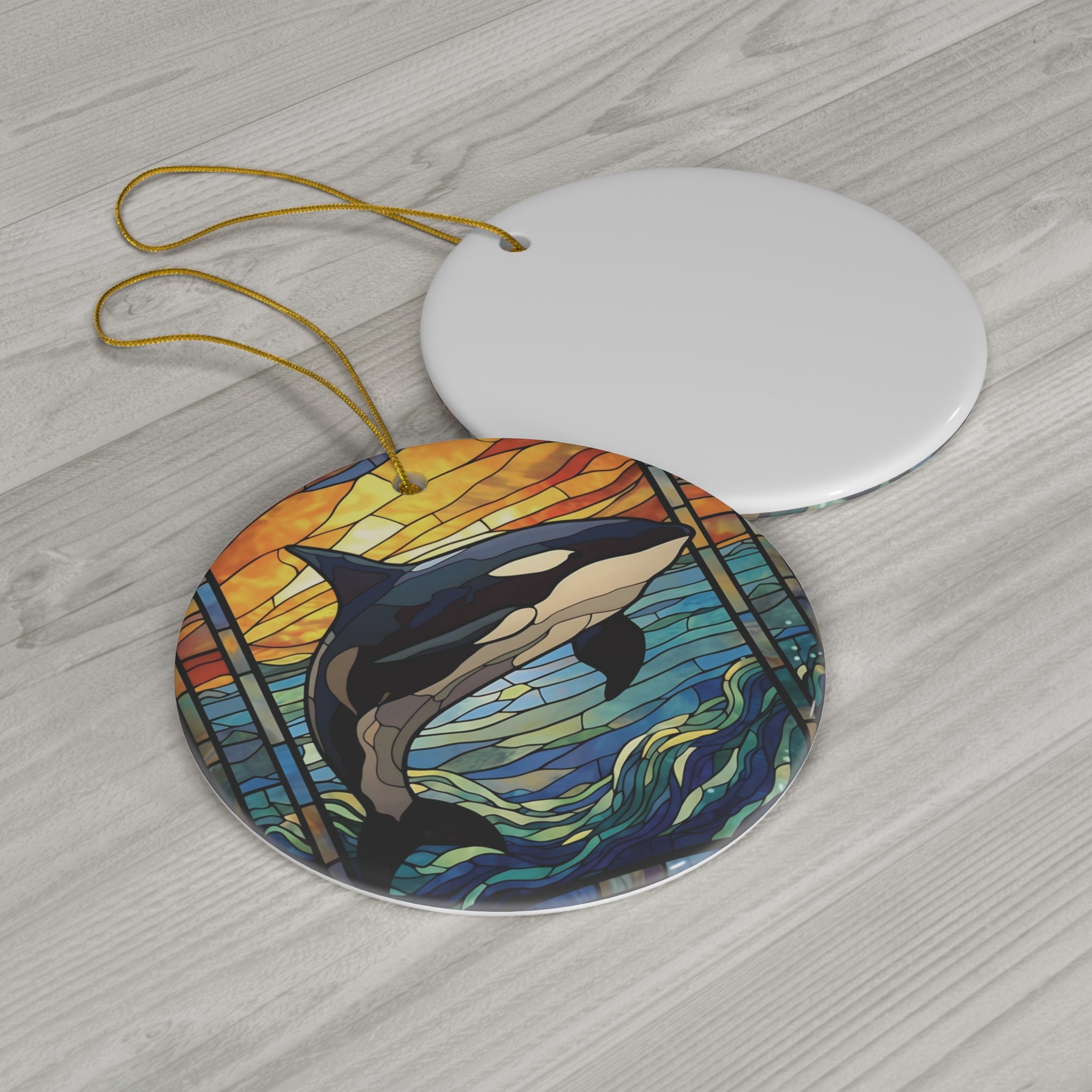 Orca Stained Glass Look With Ink on Ceramic Ornament, Year Round Tree ...