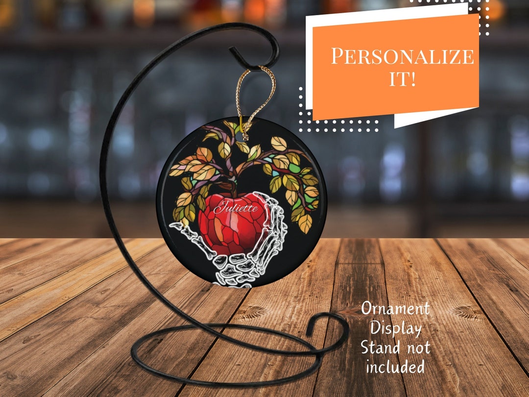 Personalized Skeleton Hand Holding Apple Ornament - Stained Glass Look ...