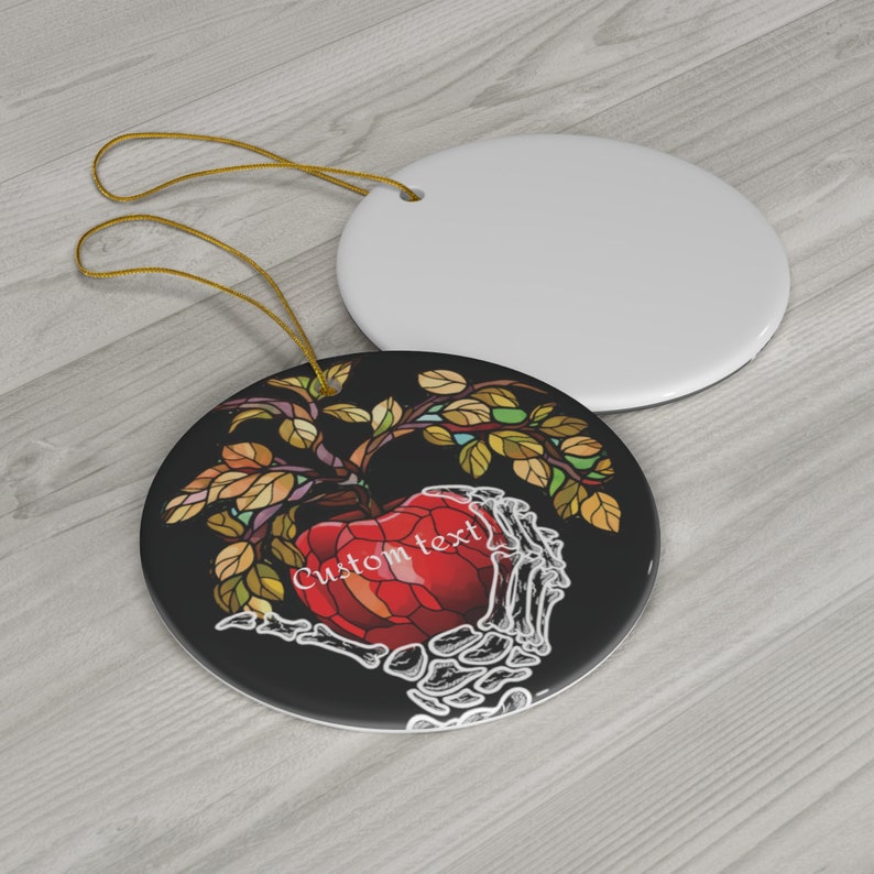 Personalized Skeleton Hand Holding Apple Ornament - Stained Glass Look ...