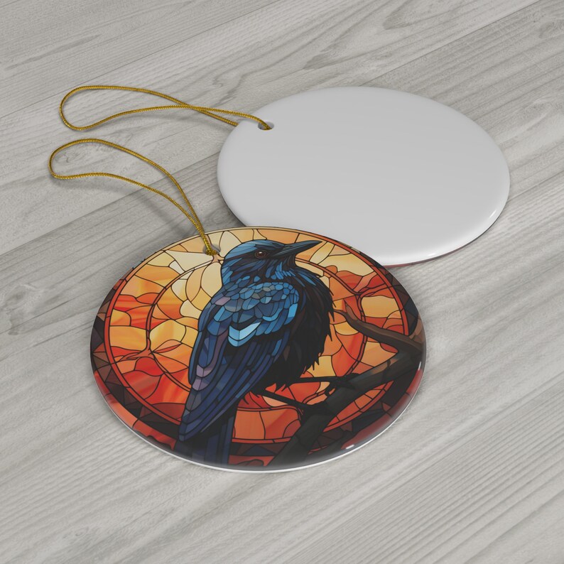 Beautiful Black Crow Stained Glass Look With Ink on Ceramic Ornament ...