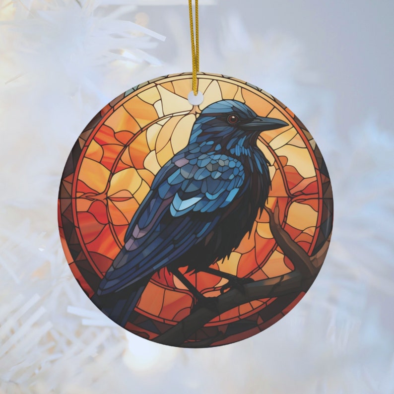 Beautiful Black Crow Stained Glass Look With Ink on Ceramic Ornament ...