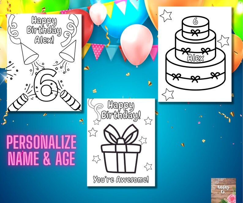 Custom Birthday Coloring Pages for Kids, Set of 5 Birthday Party ...