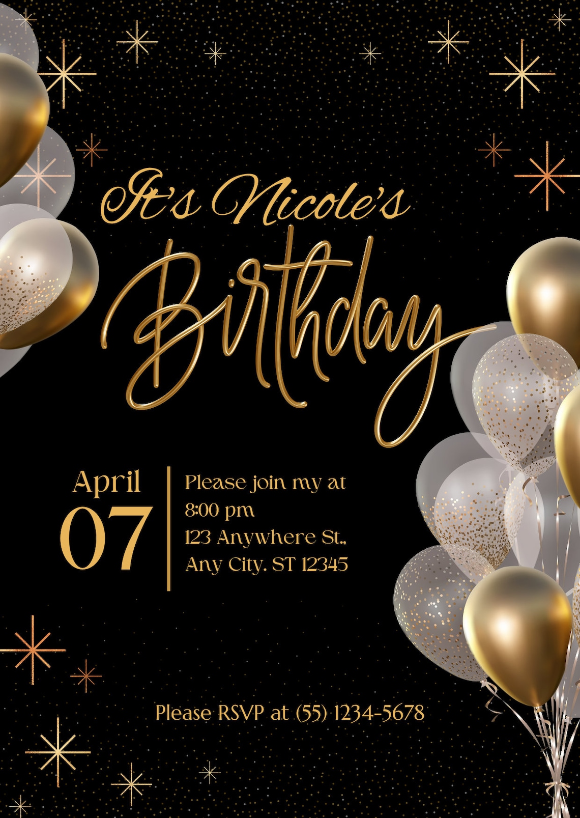 Black and Gold Party Invitation, Digital Invitation, Party Invitations ...