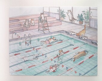 Cats in Pool Floats Cat Illustration Swimming Pool Art Print Cats ...