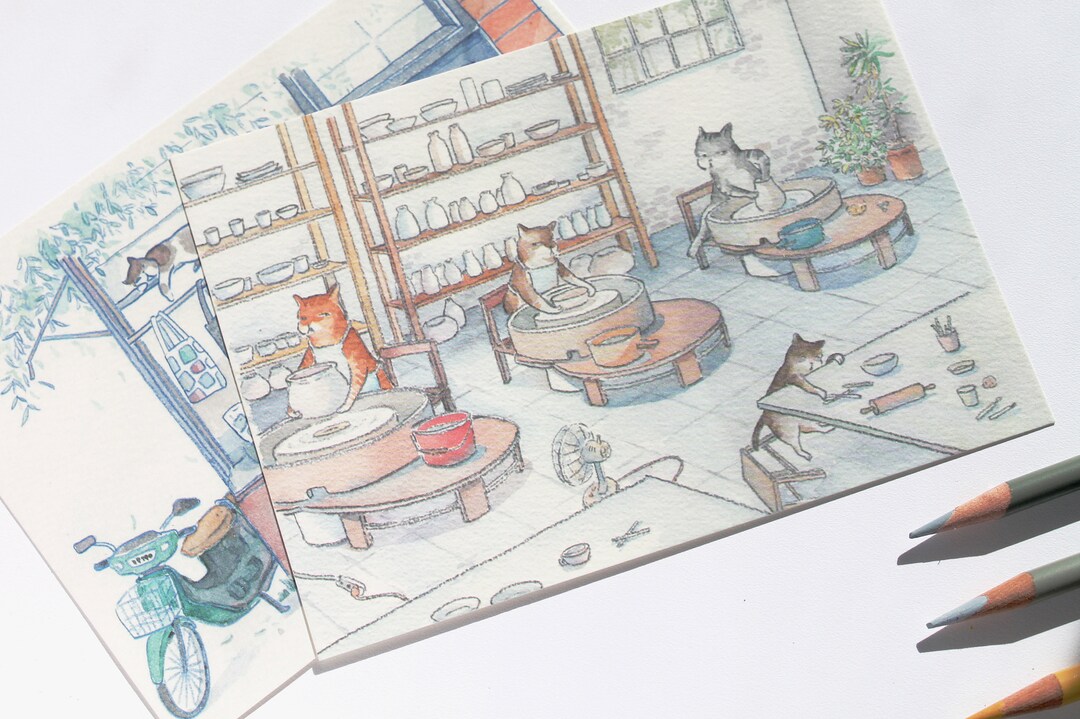 A Set of 2 Cats Postcards: Pottery Workshop & Shoplifter - Etsy