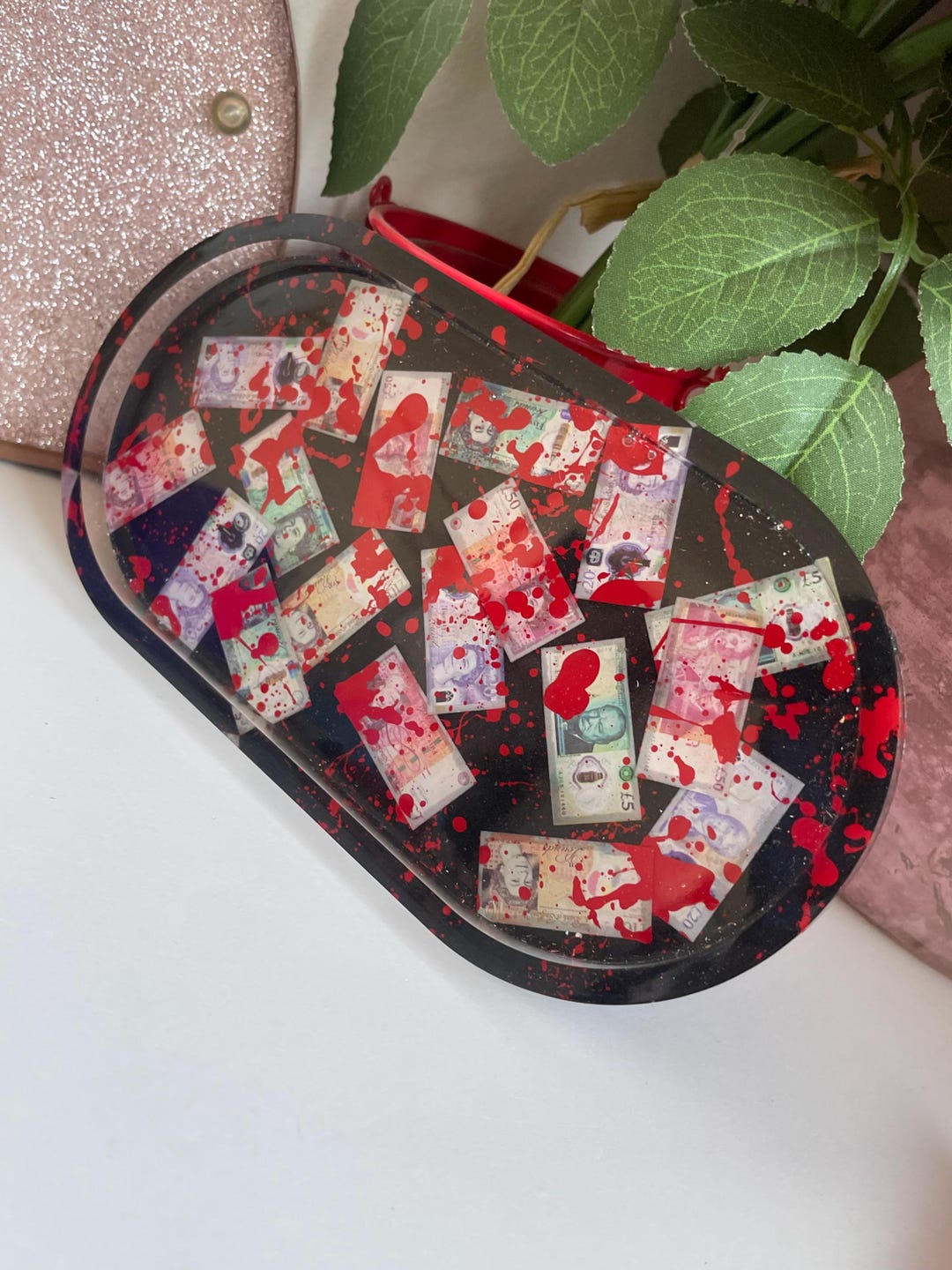 Custom Oval Tray in Black & Red Blood Money Theme. Unique Trinket ...