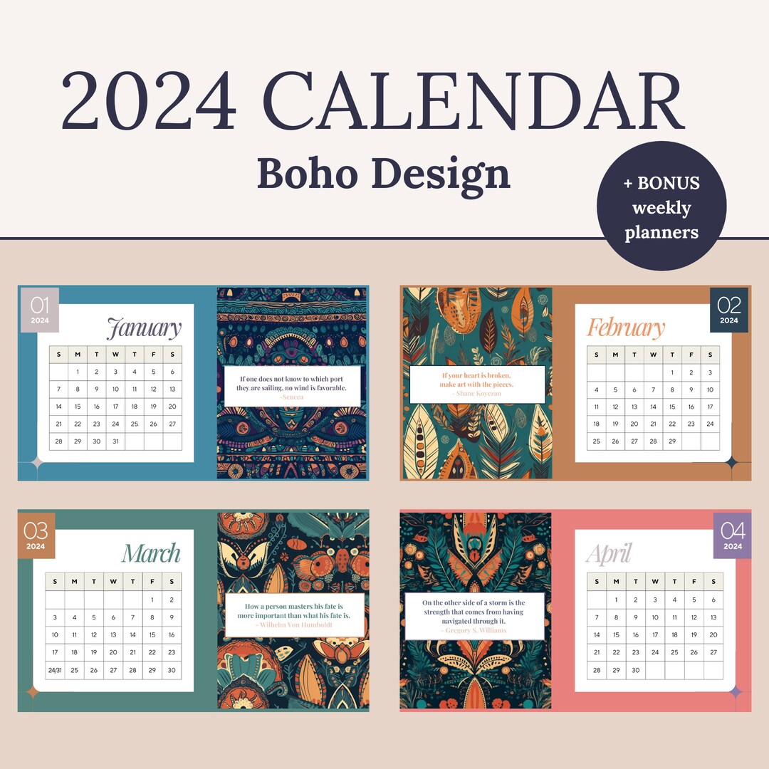 2024 Calendar and Monthly Planner - Boho Style - Bohemian - 5 Bonus ...