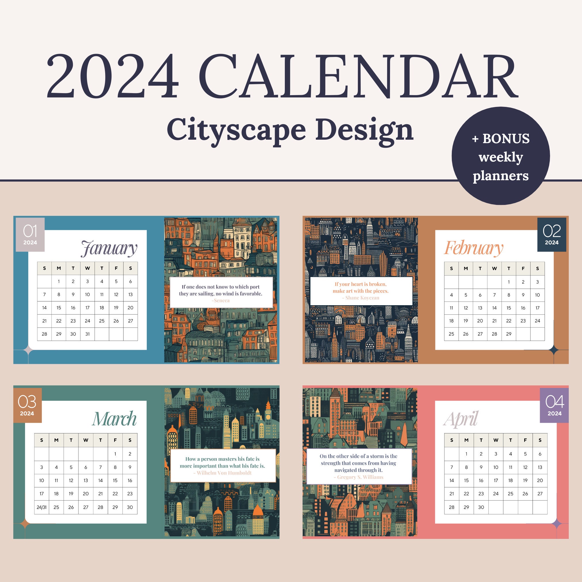 2024 Calendar and Monthly Planner - Cityscape - Urban - 5 Bonus Weekly ...