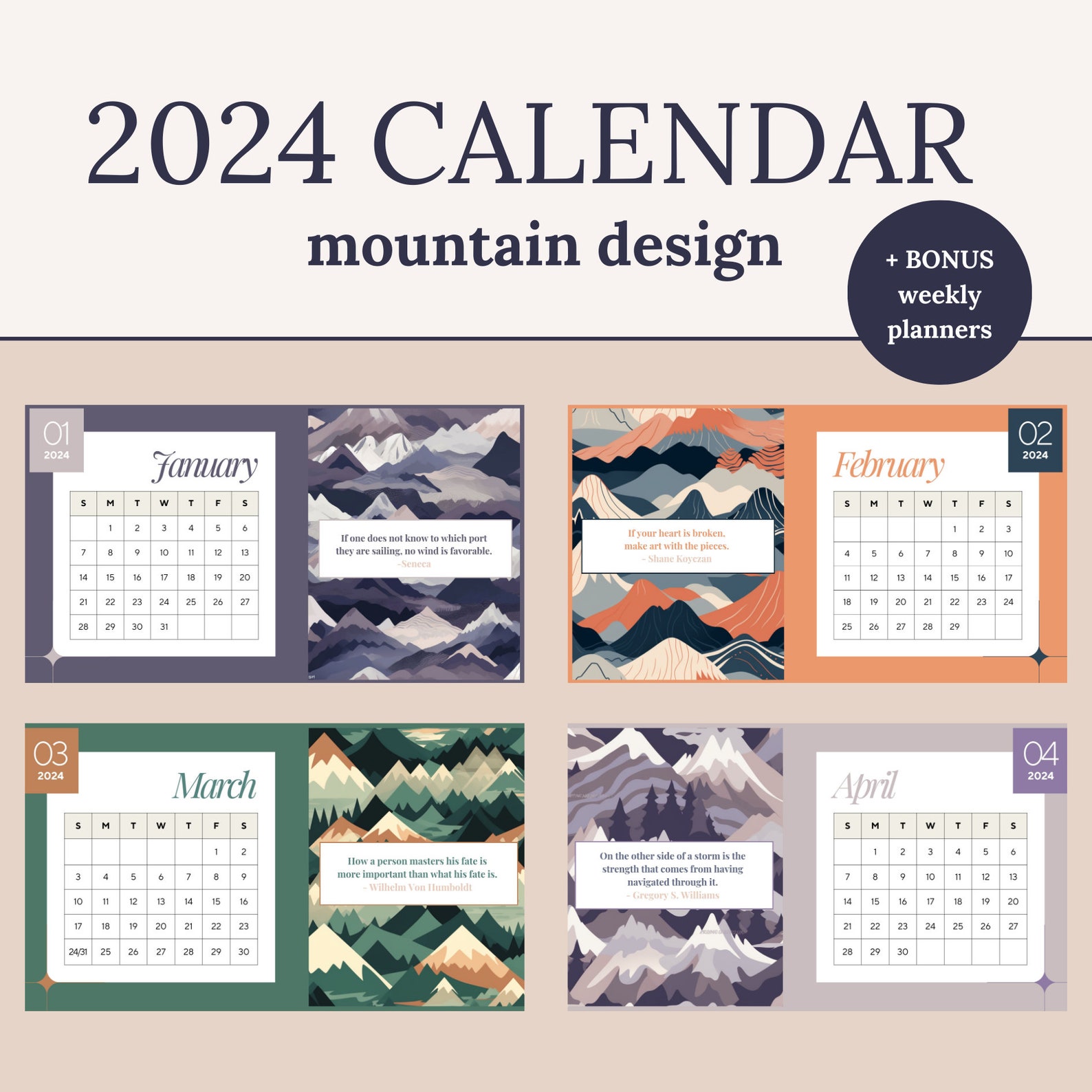 2024 Calendar and Monthly Planner - 5 Bonus Weekly Planners - Landscape ...