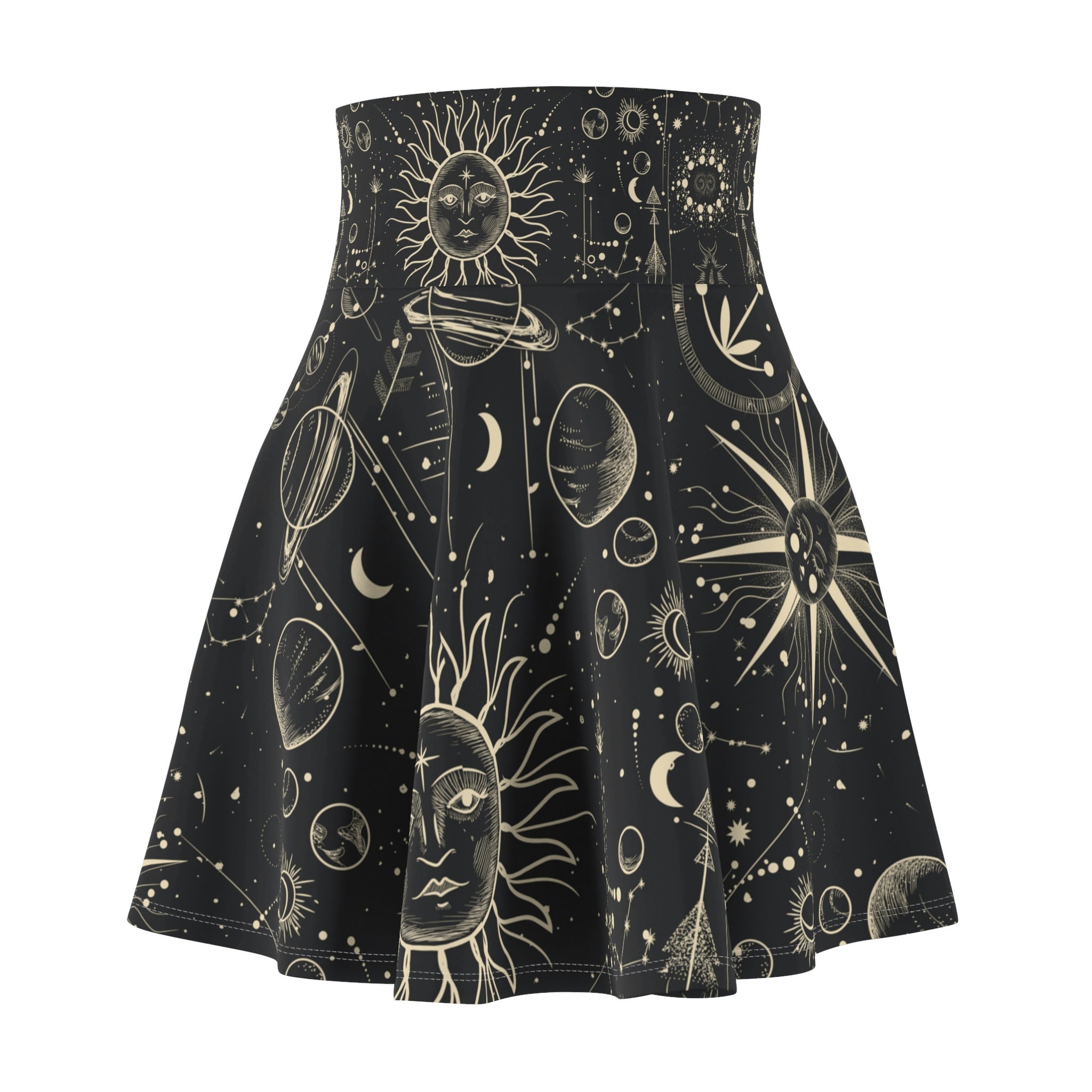 Celestial Sun Moon Stars Women's Skater Skirt Black Space Astronomy ...