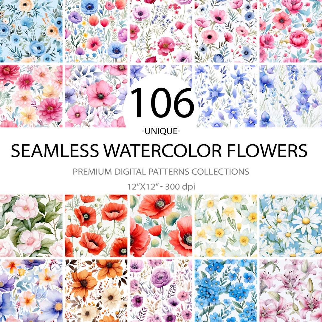 106 Watercolor Flowers Seamless Patterns, Watercolor Flowers Paper ...