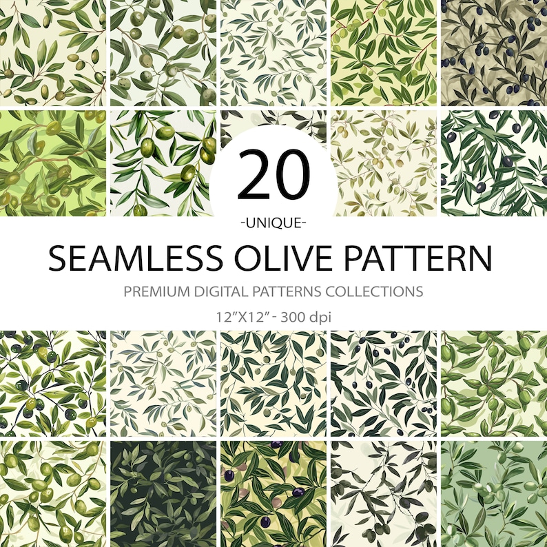 20 Olive Seamless Patterns, Olive Paper, Olive Digital Paper, Olive Collage Sheets, Olive ...