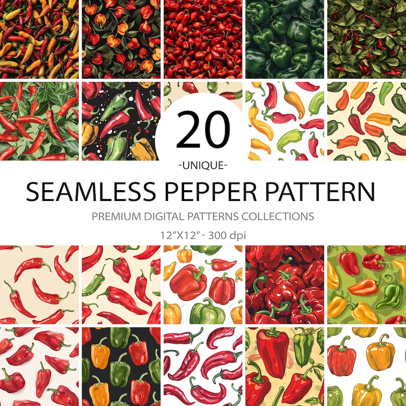 20 Pepper Seamless Patterns, Pepper Paper, Pepper Digital Paper, Pepper ...