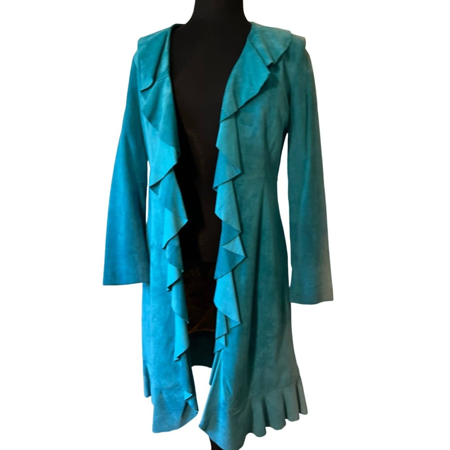 Vintage Scully 90s Turquoise Blue Ruffle Suede Leather Maxi Jacket XS ...