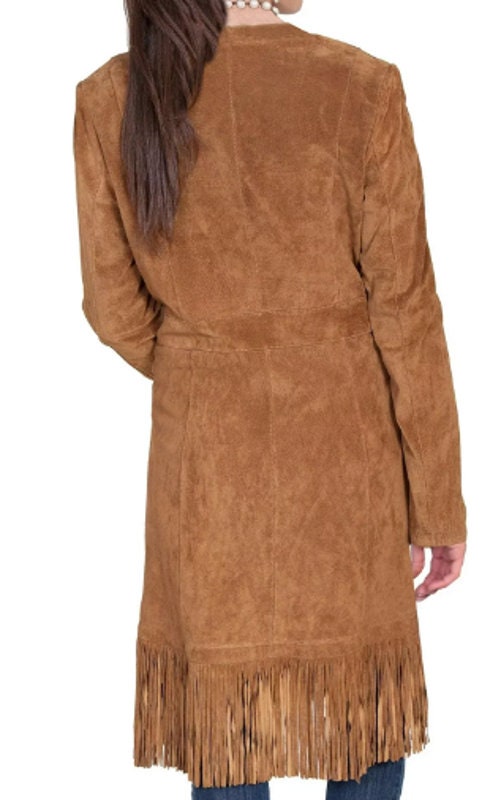 Vintage Scully 90s Tan Fringe Leather Maxi Jacket Size XS Tiger Print ...