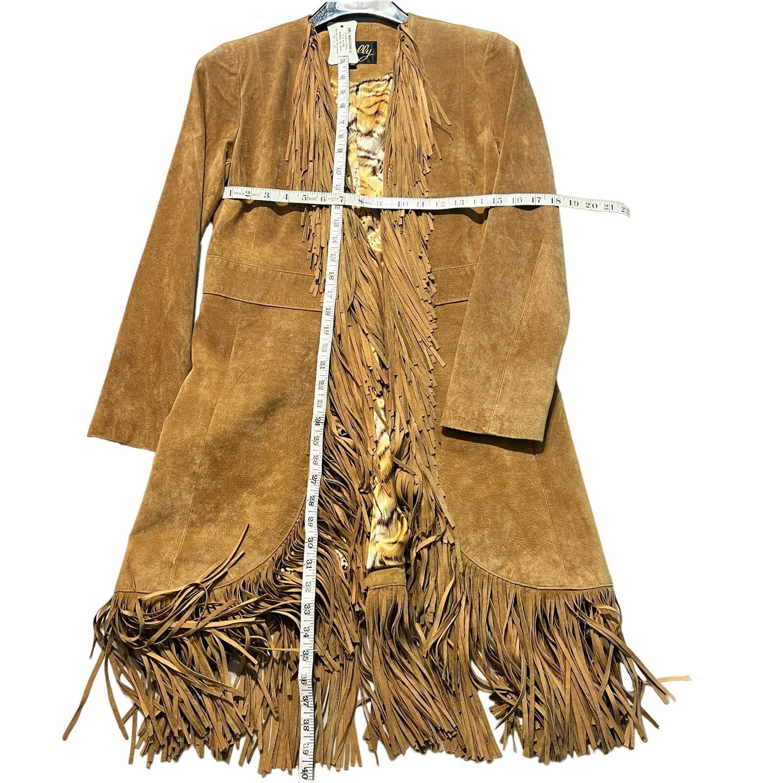 Vintage Scully 90s Tan Fringe Leather Maxi Jacket Size XS Tiger Print ...