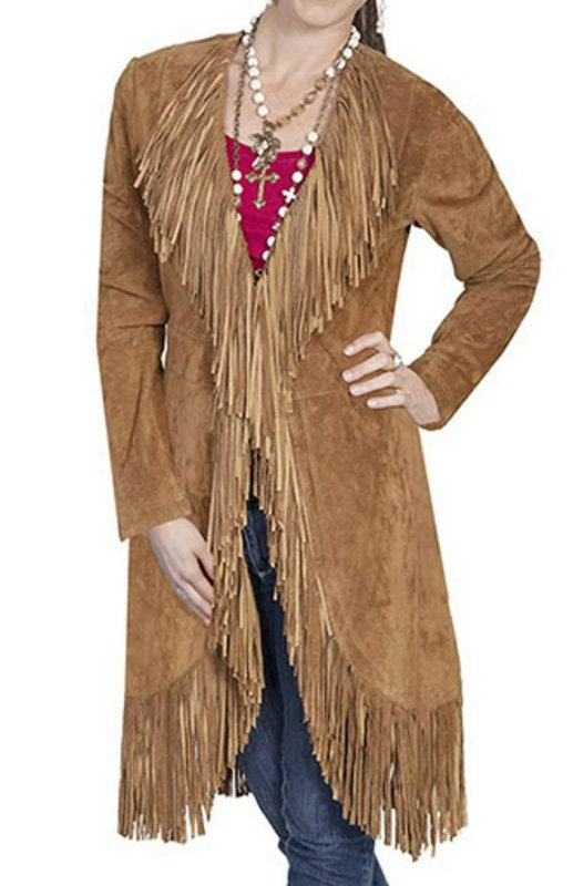 Vintage Scully 90s Tan Fringe Leather Maxi Jacket Size XS Tiger Print ...