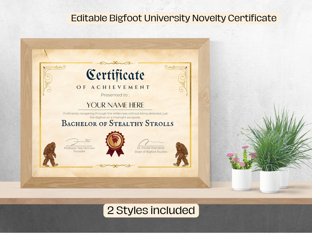Personalized Bigfoot University Certificate - Digital Download- Custom ...