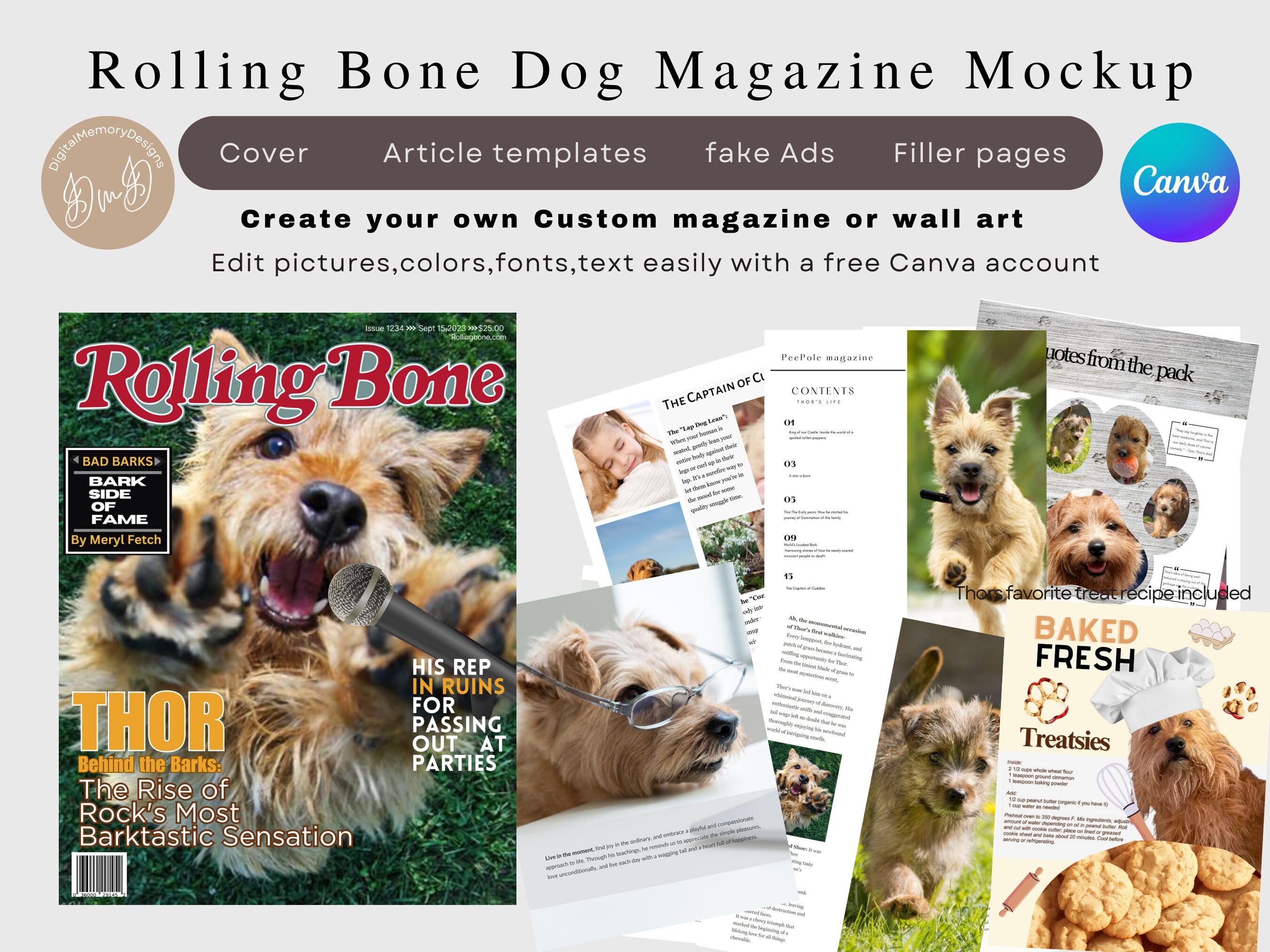 Rolling Bone Dog Magazine With Cover Templates, Template for Canva ...