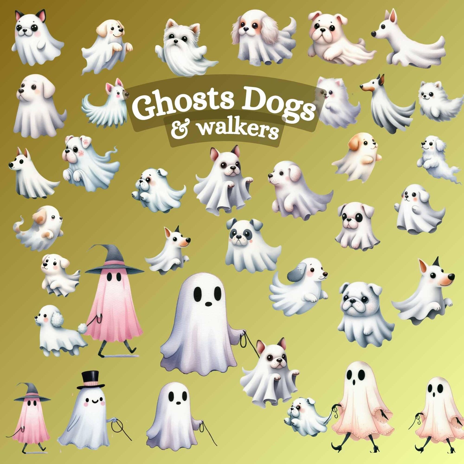 21 Watercolor Ghost Walking Dog Walkers Png Designs Bundle , Ghost Pets ...