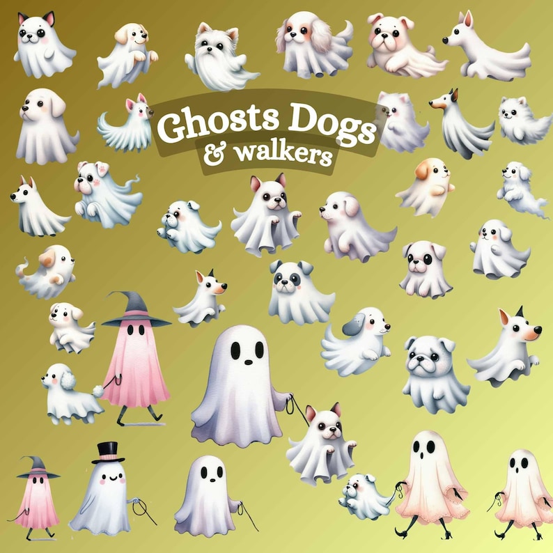 21 Watercolor Ghost Walking Dog Walkers Png Designs Bundle , Ghost Pets ...