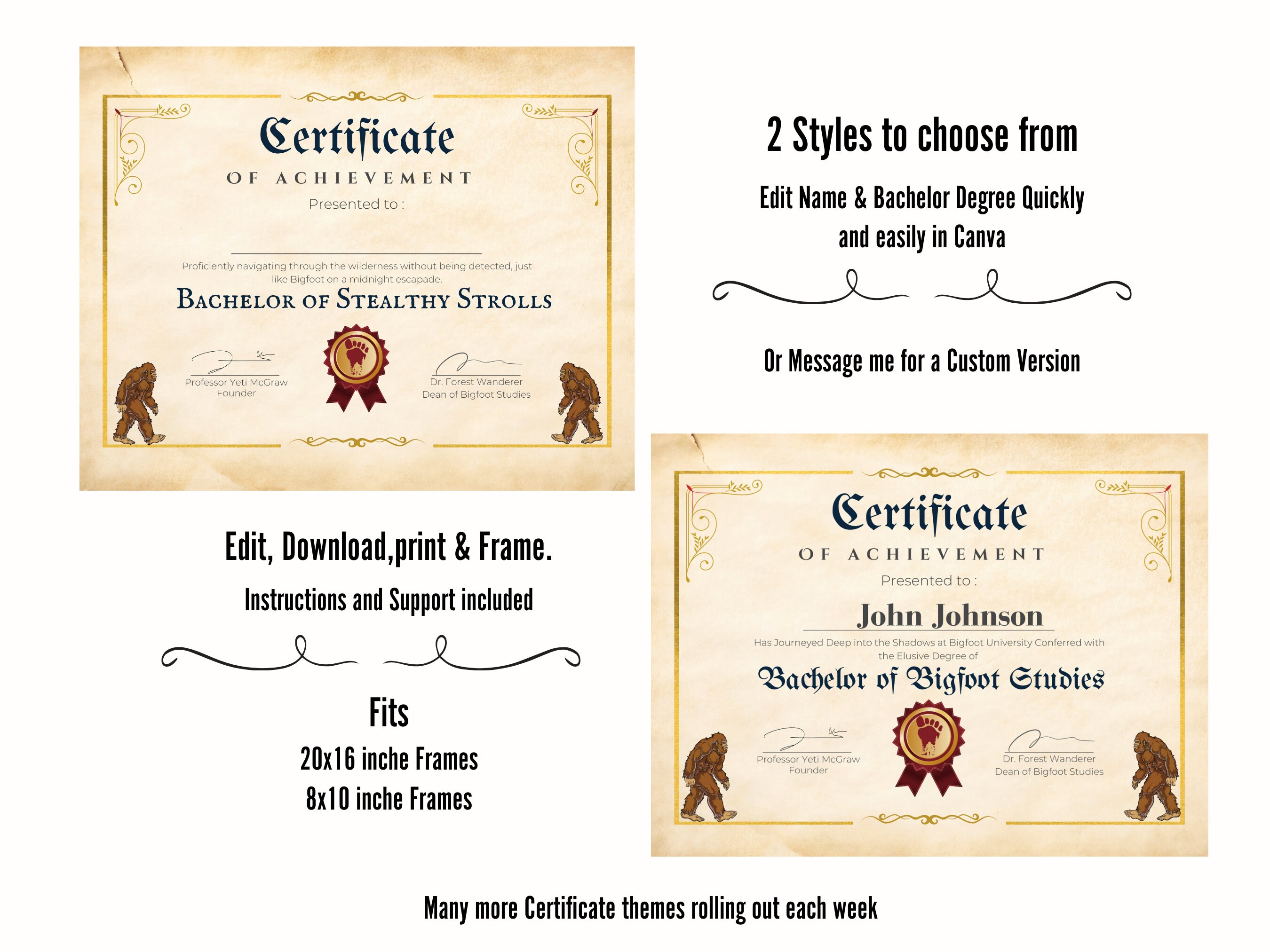 Personalized Bigfoot University Certificate - Digital Download- Custom ...