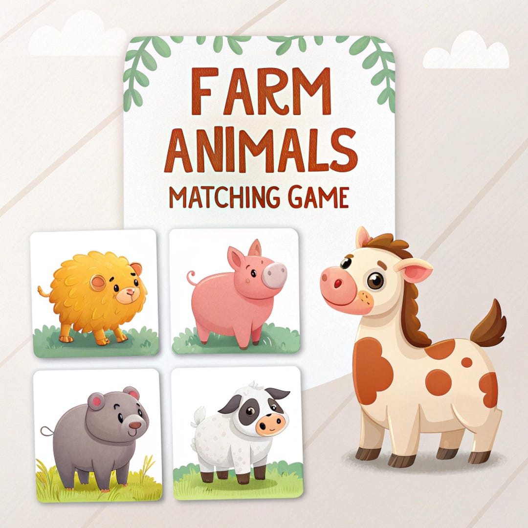 Farm Animal Matching Game | 3D Cartoon Kids Memory Cards - Etsy Australia