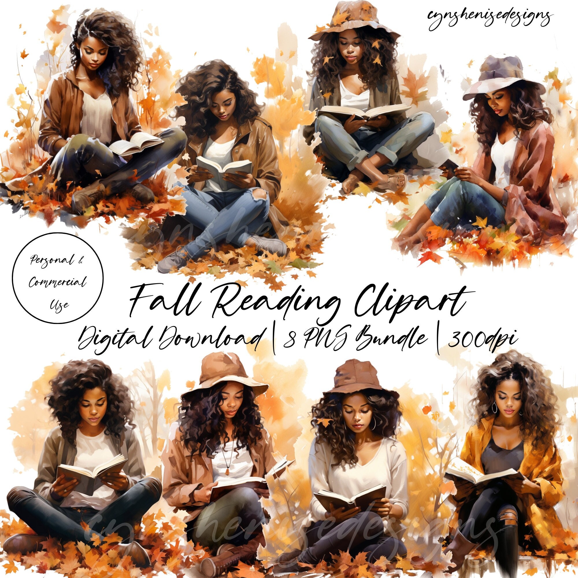 Black Woman Fall Reading Clipart Bundle, Watercolor, Autumn Clipart ...