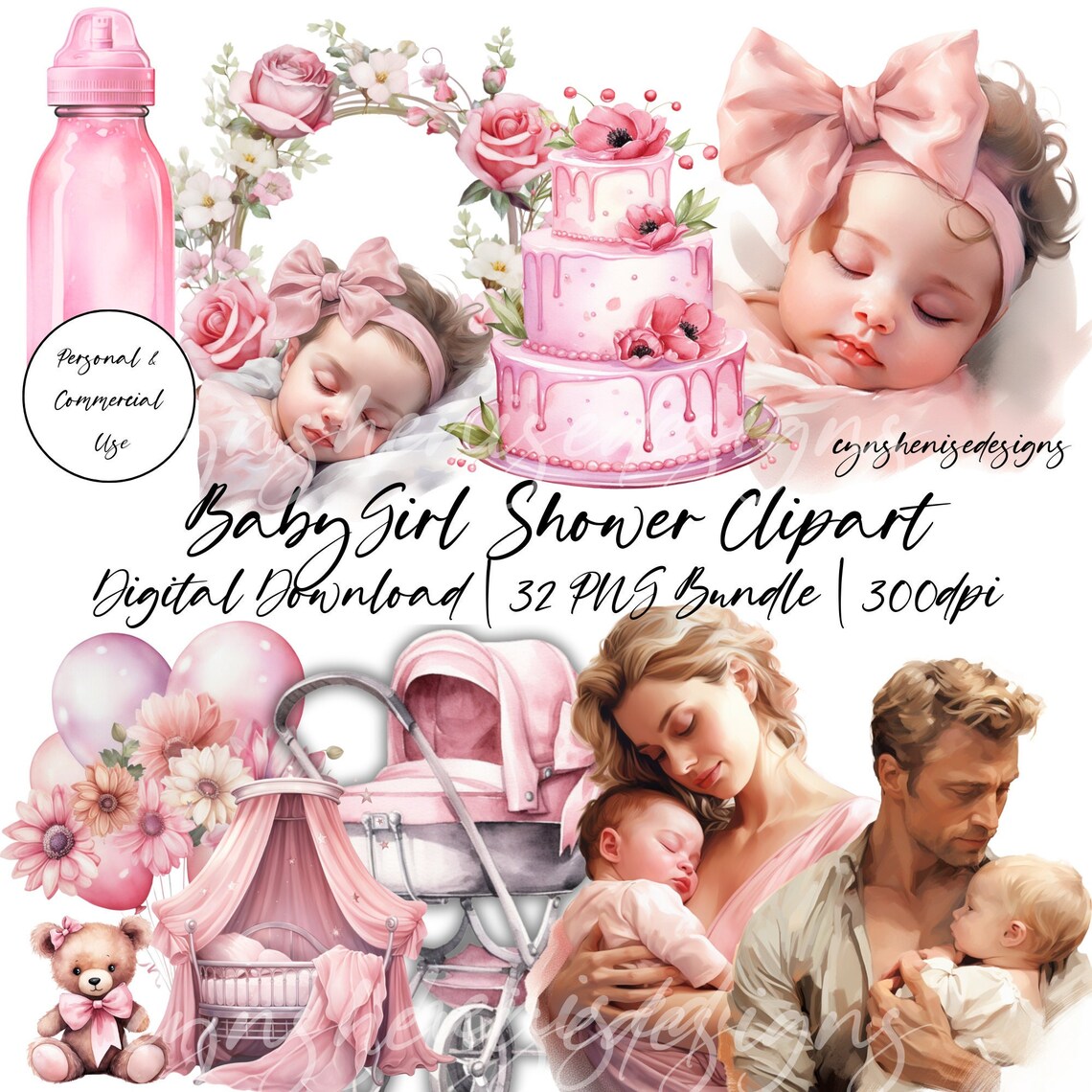 Baby Shower Clipart, Baby Girl Bundle Digital Clip Art, Newborn Nursery ...