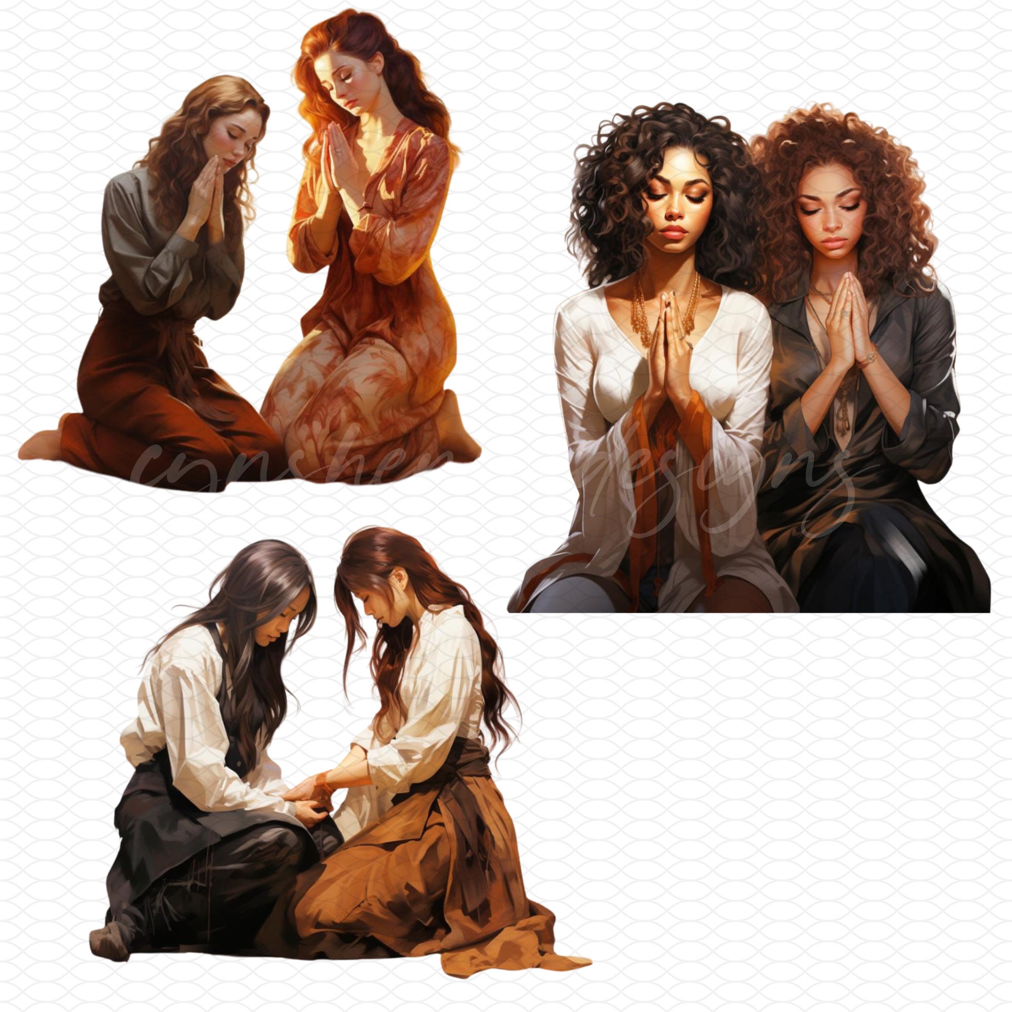 Diverse Praying PNG Clipart Bundle, Multicultural Praying Women ...