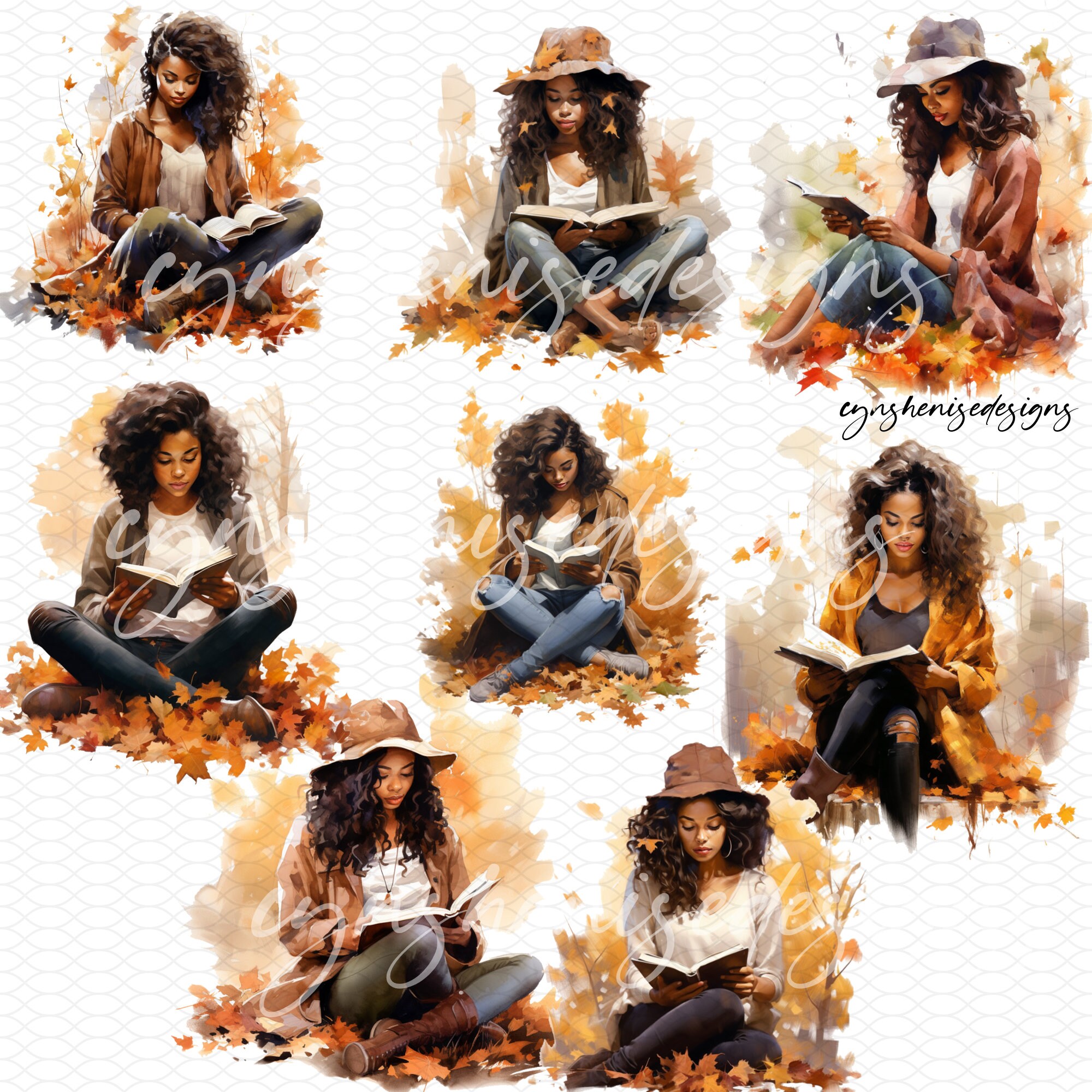 Black Woman Fall Reading Clipart Bundle, Watercolor, Autumn Clipart ...