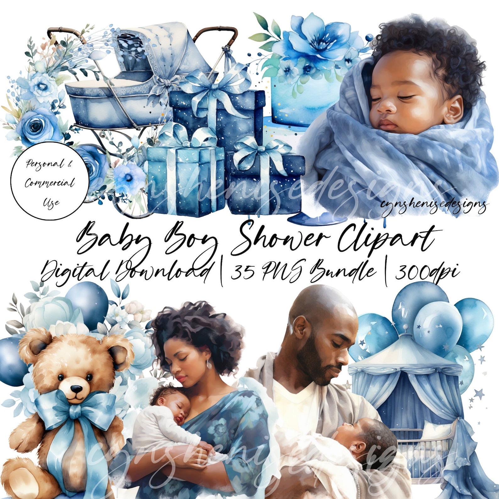 African American Baby Shower Clipart, Black Baby Boy Bundle Digital ...