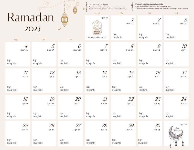 Ramadan 2023 Calendar - Etsy