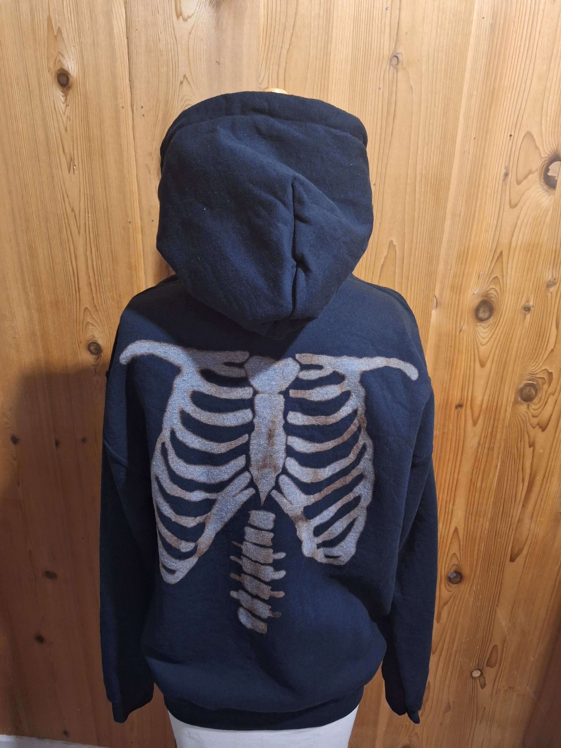 Bleached Skeleton Rib Cage Hoodie Black Hooded Sweatshirt Handmade ...