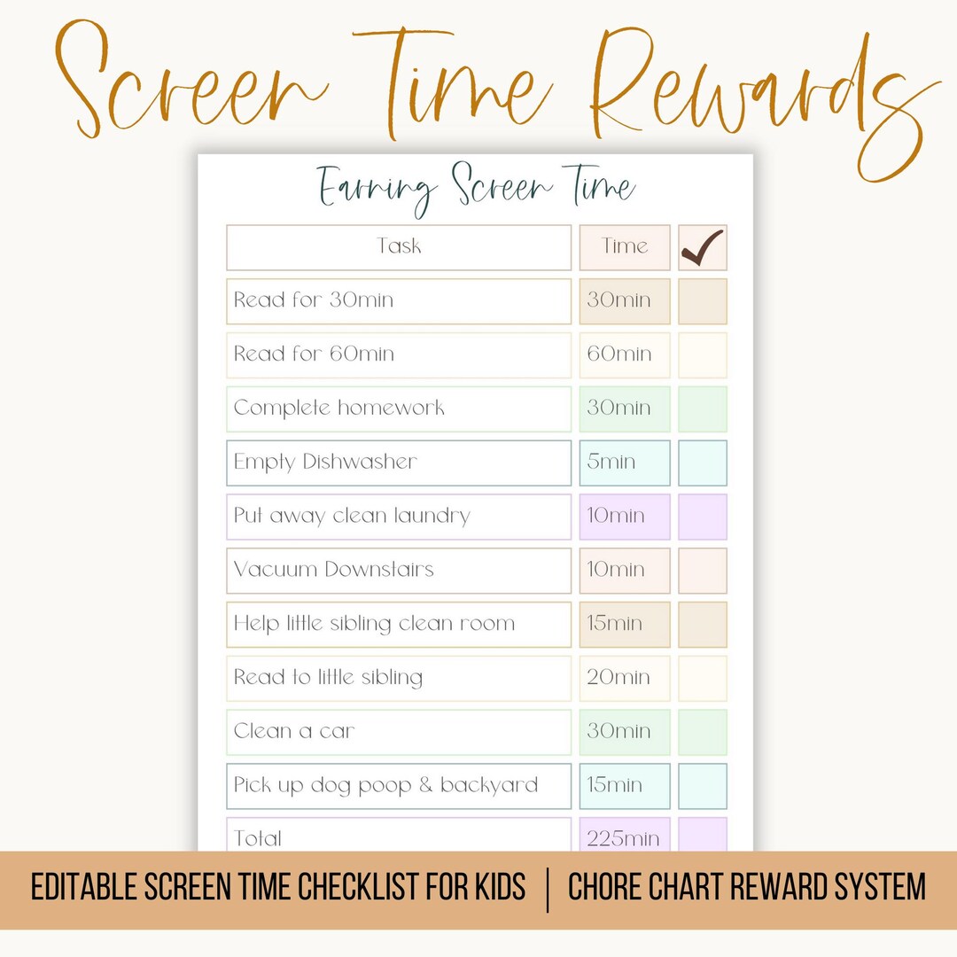 Editable Screen Time Checklist for Kids | Digital Download | Chore ...
