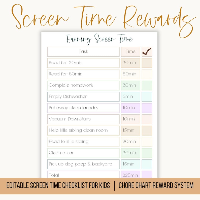 Editable Screen Time Checklist for Kids | Digital Download | Chore ...