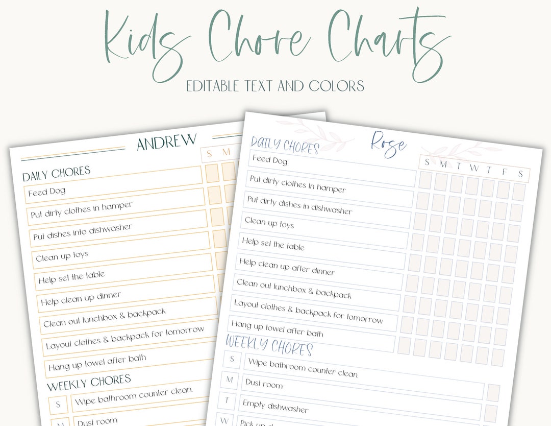Kid's Chore Chart, Family Chore Chart, Responsibility Chart, Editable ...