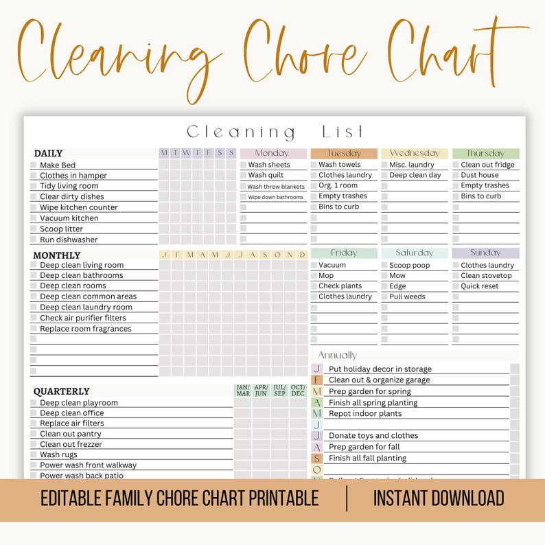 Editable Family Chore Chart Printable | Weekly Kids Routine & Task ...