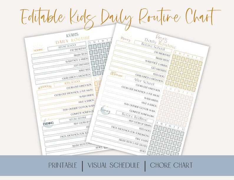 Editable Kids Routine Chart | Printable Daily Checklist for Morning ...