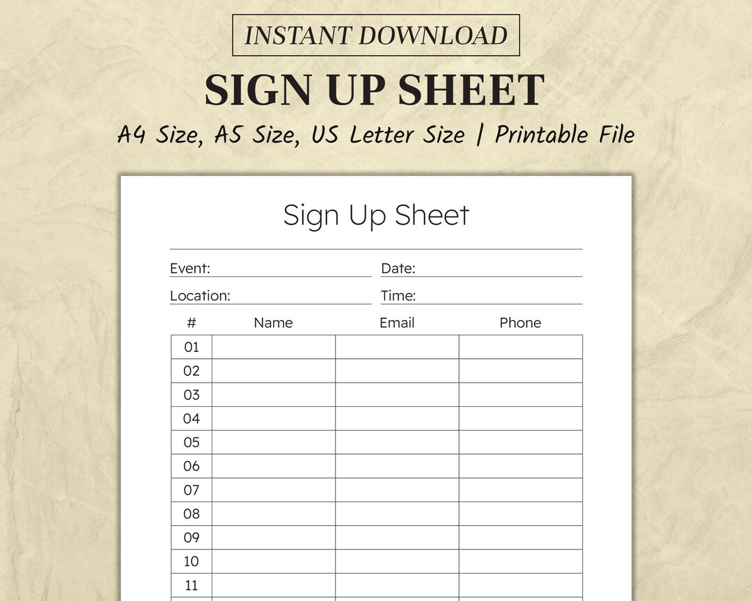 Sign up Sheet | Sign up Template | Printable Sign up Form | Event Sign ...