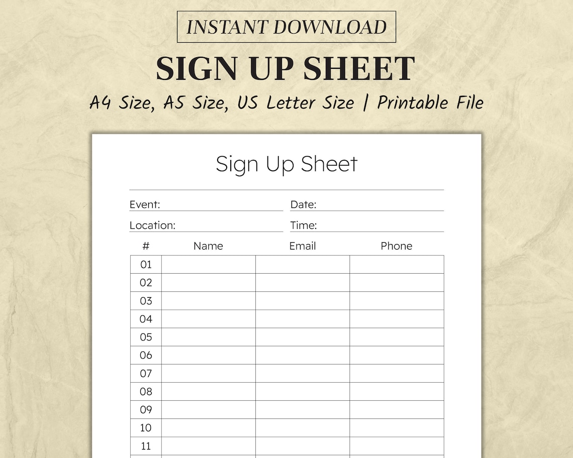 Sign up Sheet | Sign up Template | Printable Sign up Form | Event Sign ...