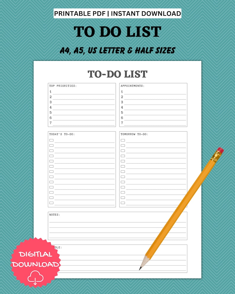 Printable to Do List | Simple Tasks List Template | Checklist Digital ...