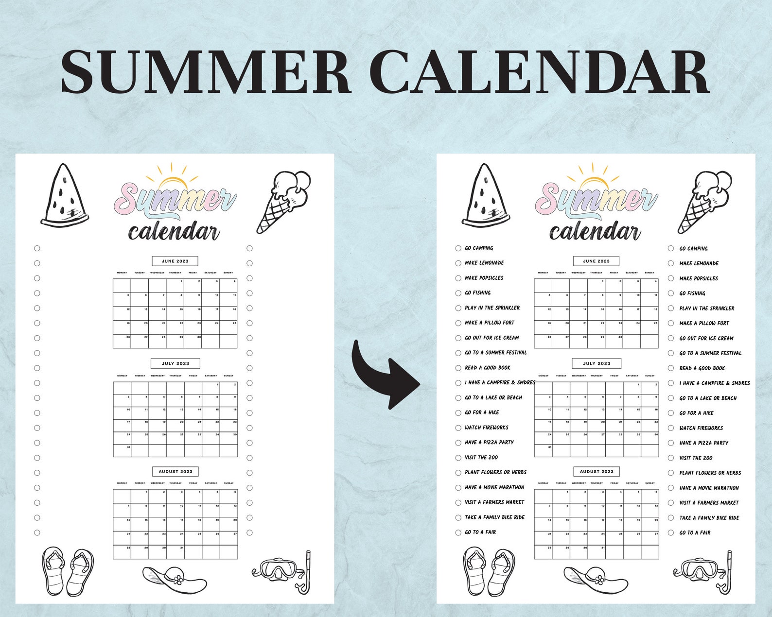 Summer Calendar Printable Summer Activities Calendar Summer Checklist ...