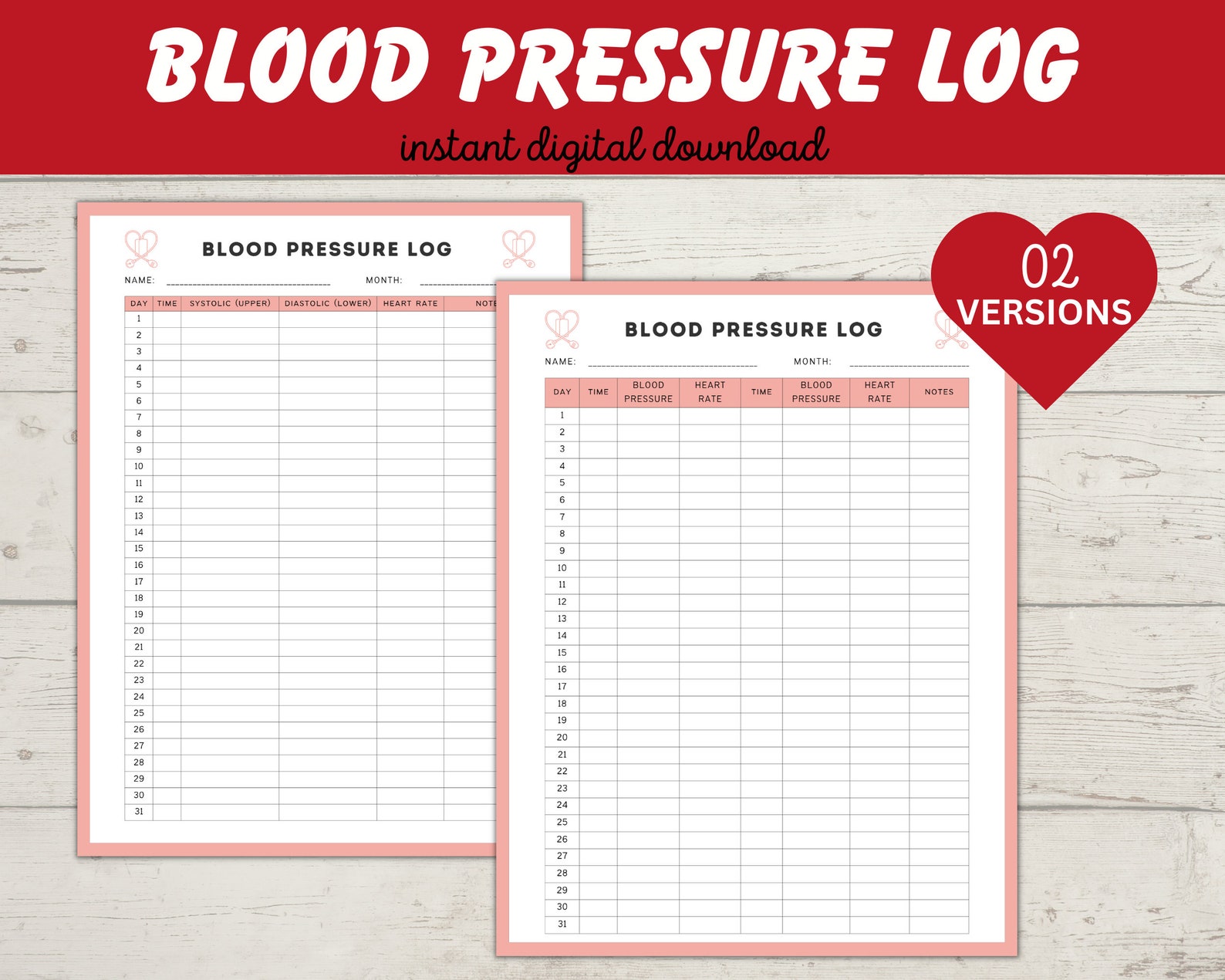 Printable Blood Pressure Log | Blood Pressure Tracker | Daily BP Record ...