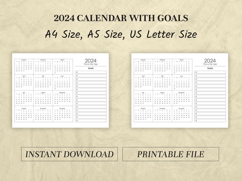 Calendario Anual 2024 Con Metas / Plantilla de Calendario Imprimible ...