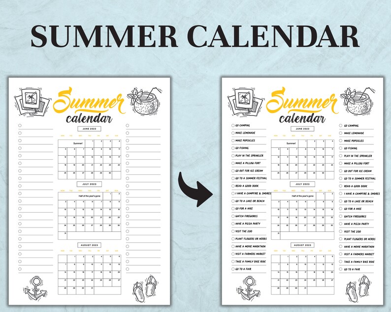 Summer Calendar Printable Summer Activities Calendar Summer Checklist ...