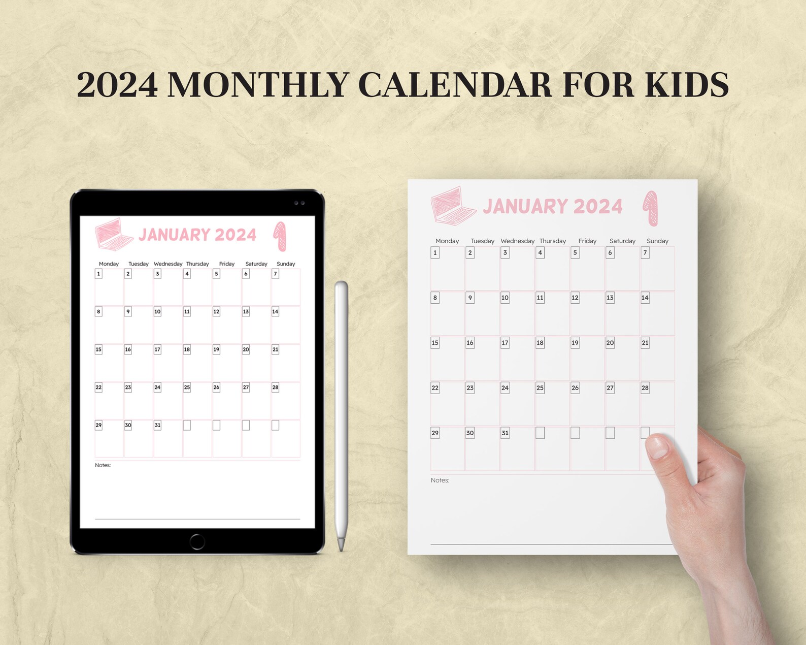 2024 Monthly Calendar for Kids 12 Month Calendar Template Minimalist ...
