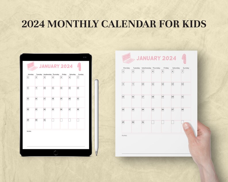 2024 Monthly Calendar for Kids 12 Month Calendar Template Minimalist ...