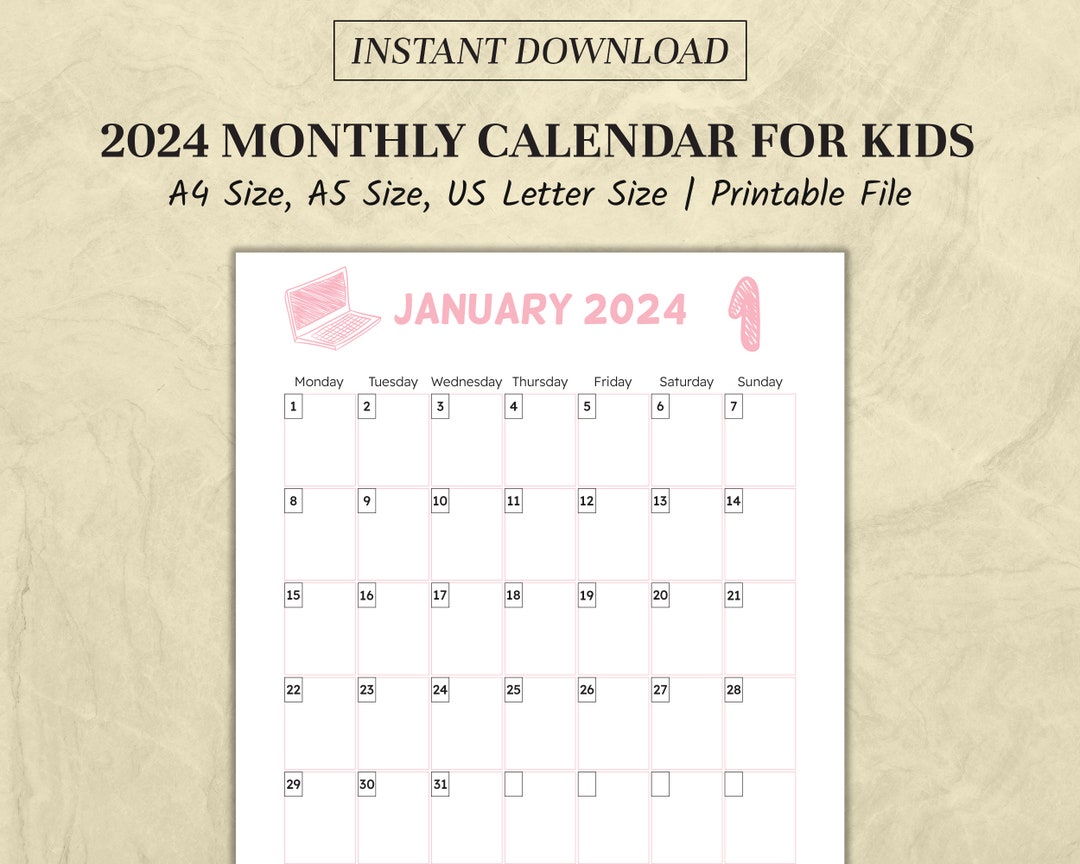 2024 Monthly Calendar for Kids 12 Month Calendar Template Minimalist ...