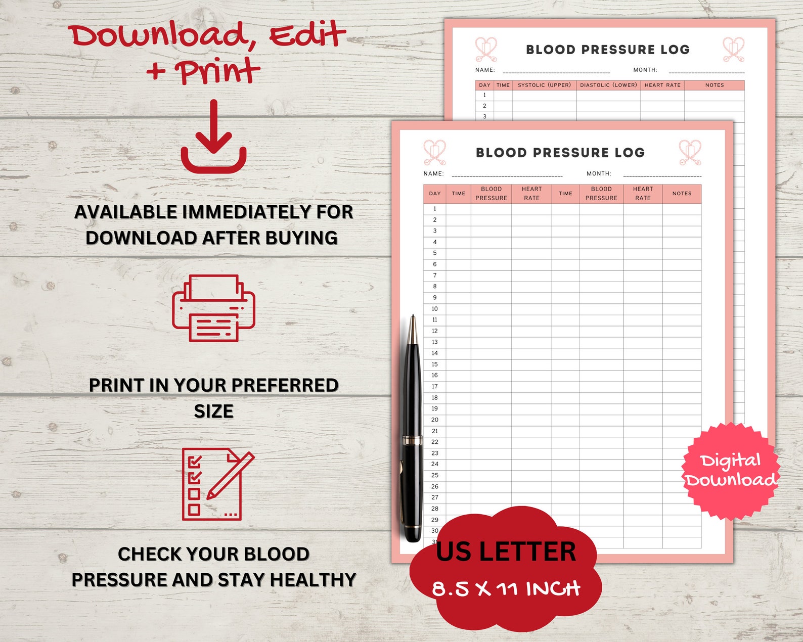 Printable Blood Pressure Log | Blood Pressure Tracker | Daily BP Record ...